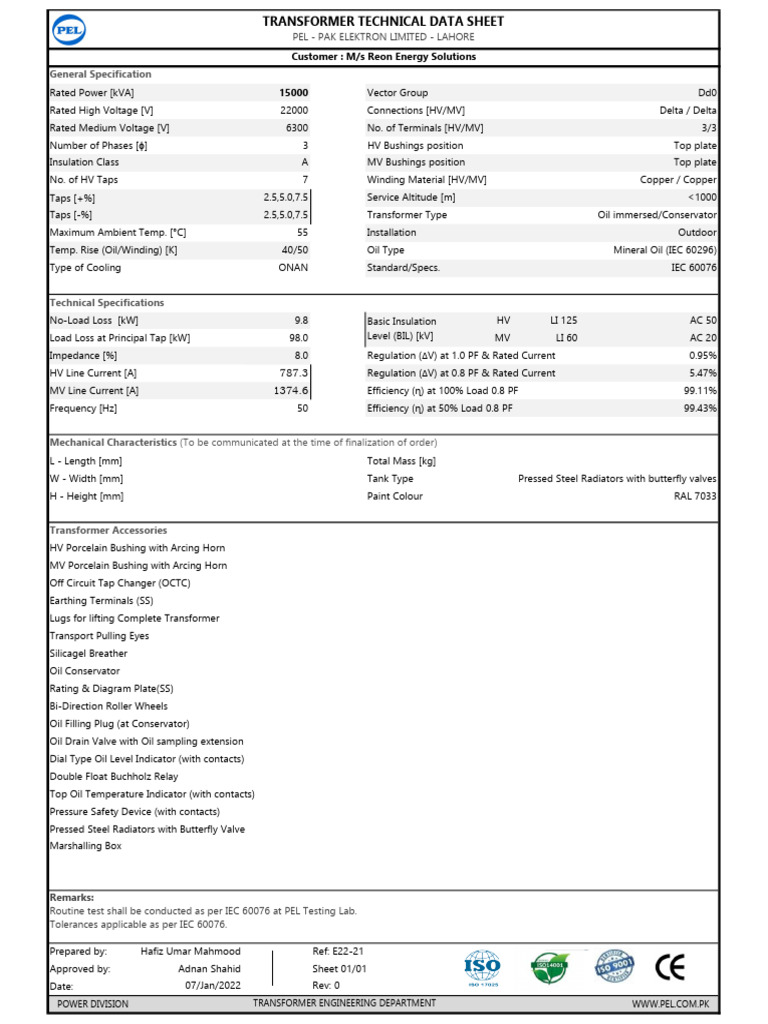 15MVA data sheet | PDF | Transformer | Electrical Components