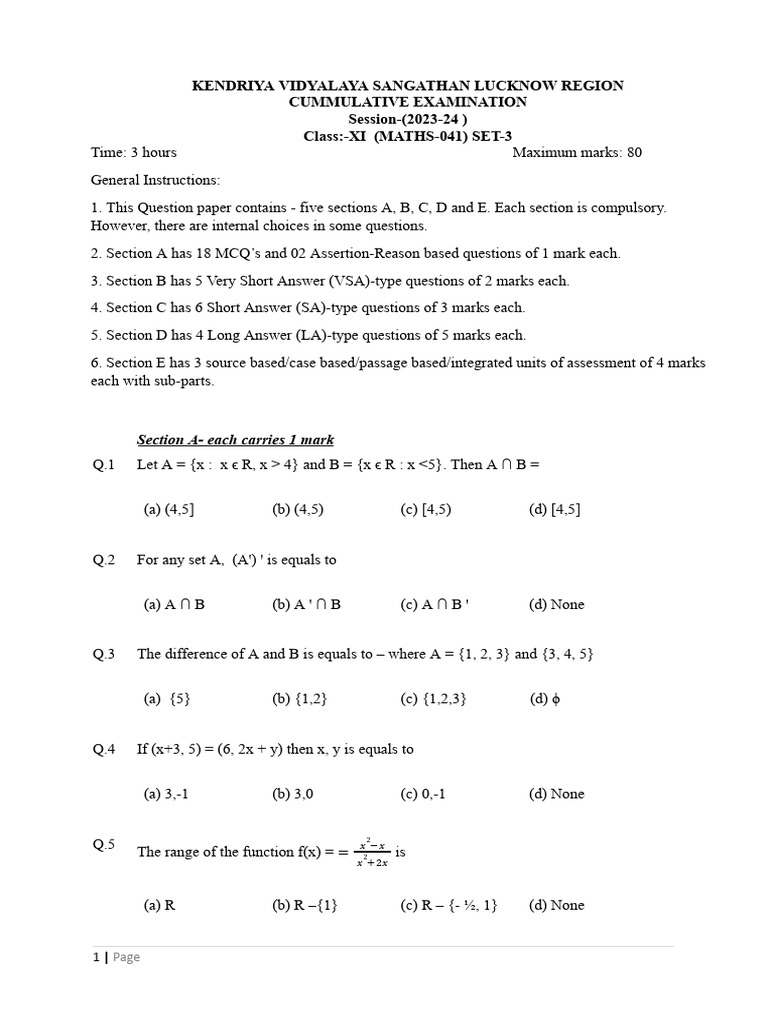 CLASS XI MAths PREVIOUS YEAR QUS PAPER 2023-24 2 | PDF | Educational ...
