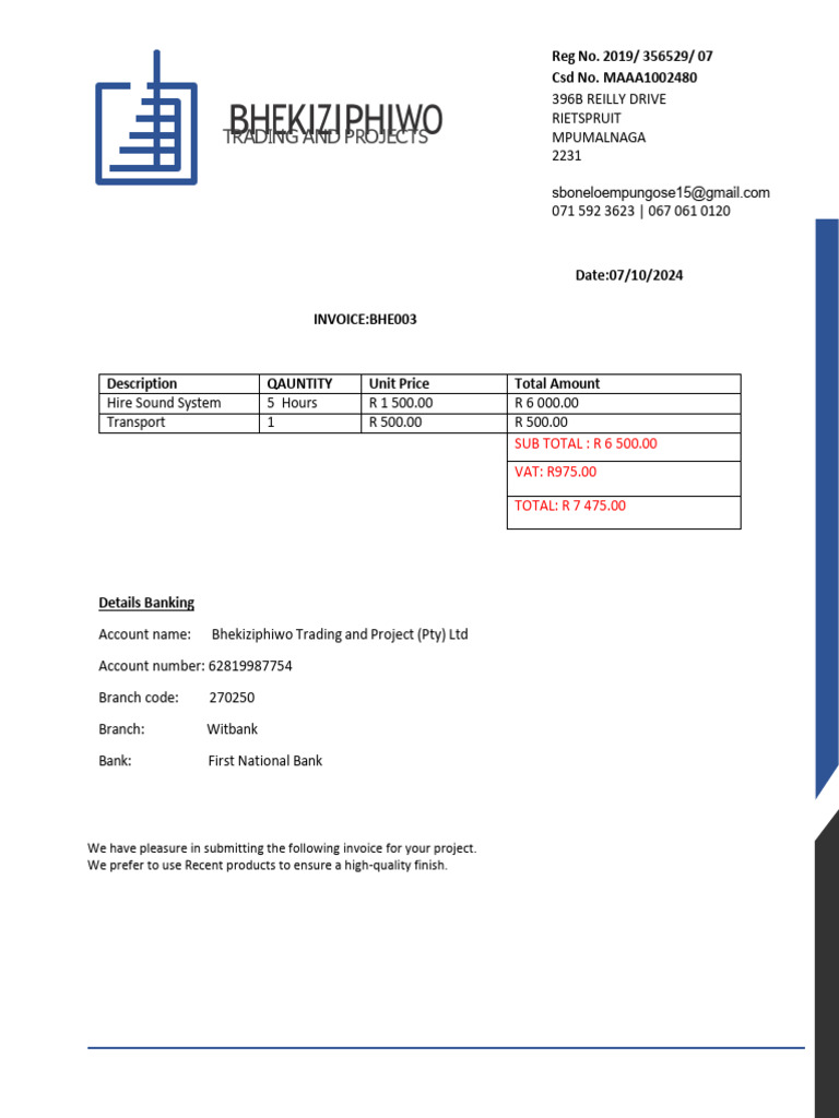 Bhekiziphiwo Trading and Project (Pty) LTD INVOICE BHE003 | PDF