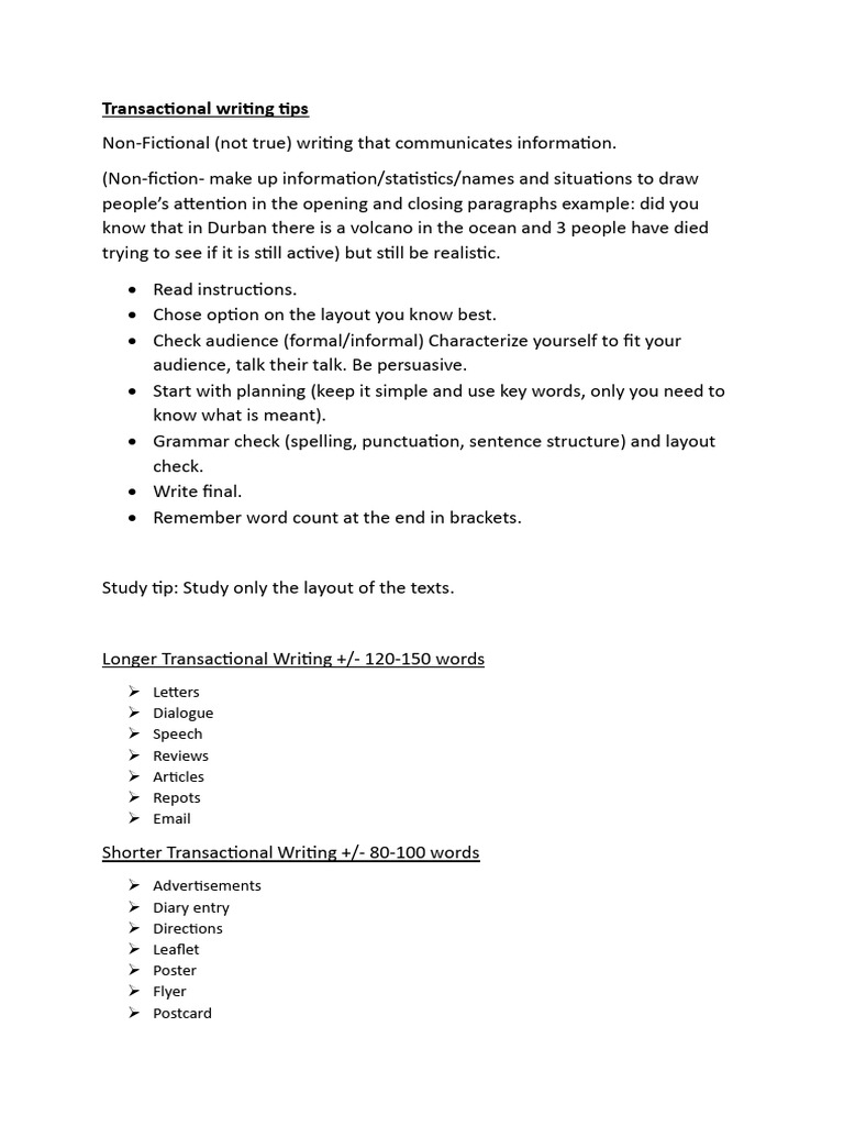 Transactional Writing Tips And Layout Pdf