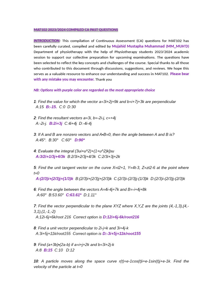 2024 Mat102 Compiled Questions | PDF | Euclidean Vector | Linear Algebra