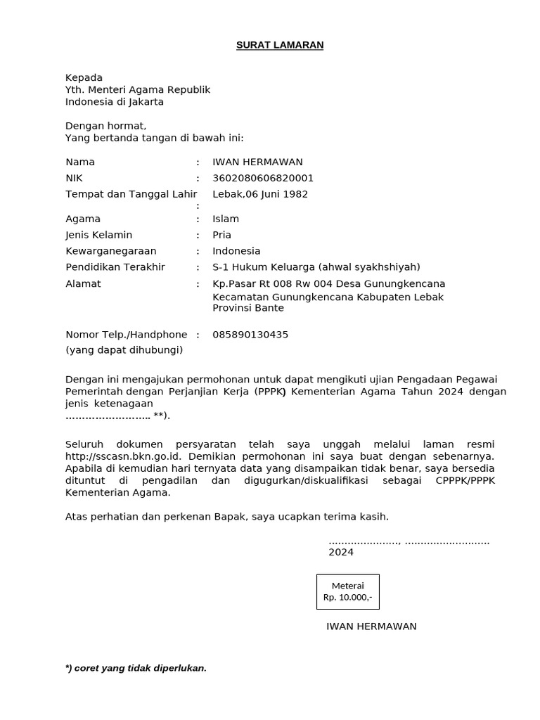 Surat Lamaran P3K 2024 | PDF