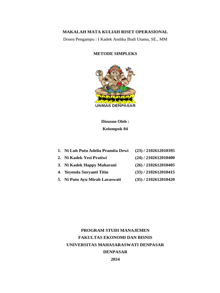 Metode Simpleks Makalah Mata Kuliah Riset Operasional | PDF | Komputer