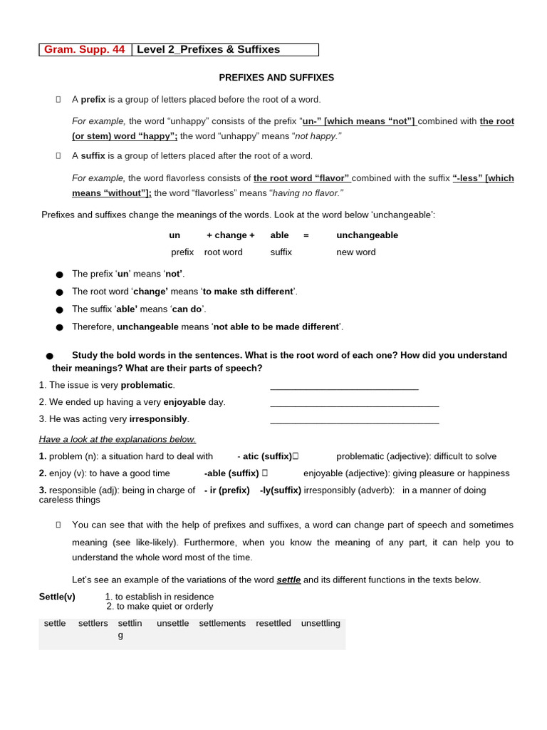 Gram. Supp. 44_Level 2_Prefixes _ Suffixes | PDF | Adverb | Noun