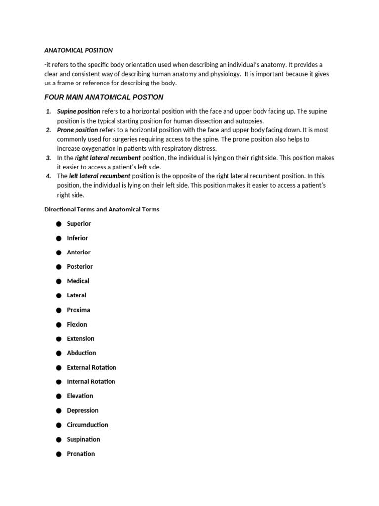 Anatomical Position and Types of Directional Terms | PDF