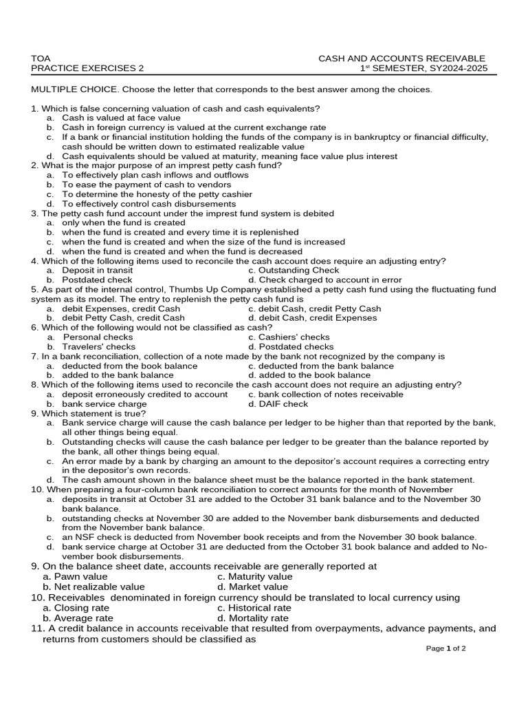 Cash and Accounts Receivable Exercises | PDF | Bad Debt | Debits And ...