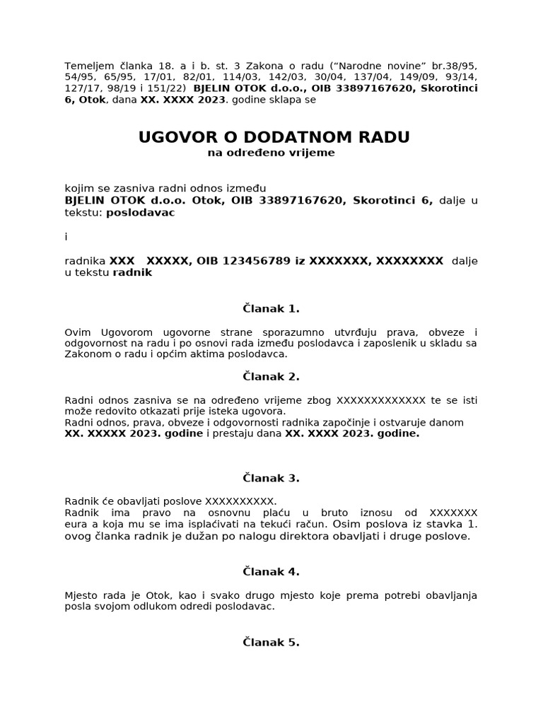 Ugovor o Dodatnom Radu - Primjer | PDF