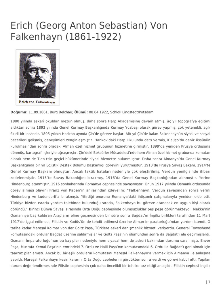 Erich (Georg Anton Sebastian) Von Falkenhayn (1861-1922) | PDF