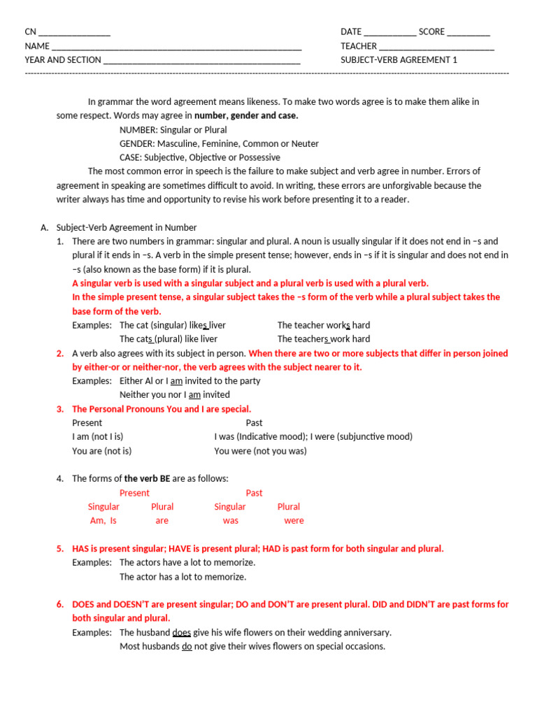 Subject Verb Agreement 1 and 2 | PDF | Grammatical Gender | Grammatical ...