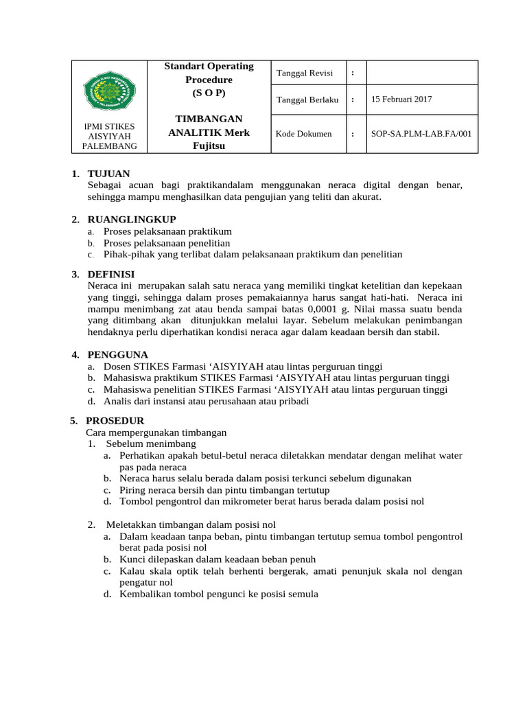 Sop Alat Laboratorium | PDF