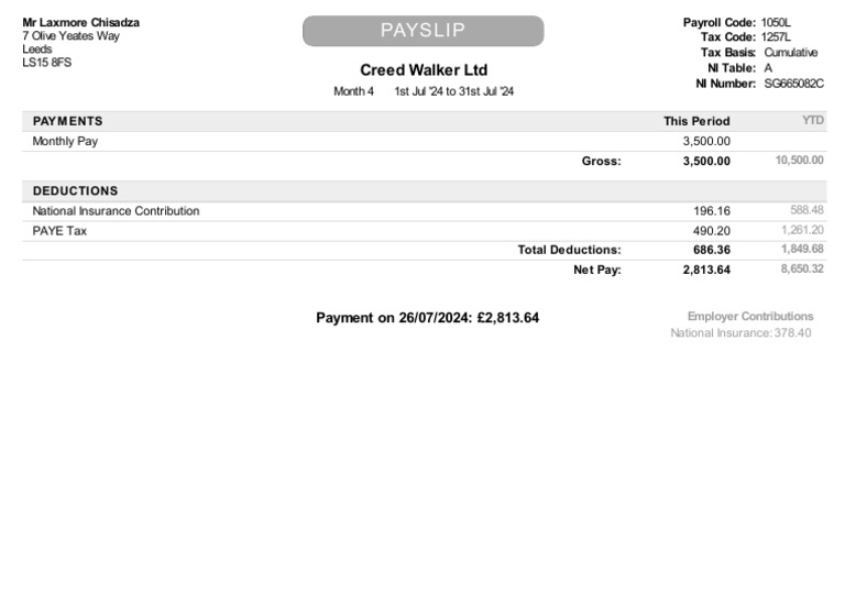 Monthly Payslip Summary for July 2024 | PDF