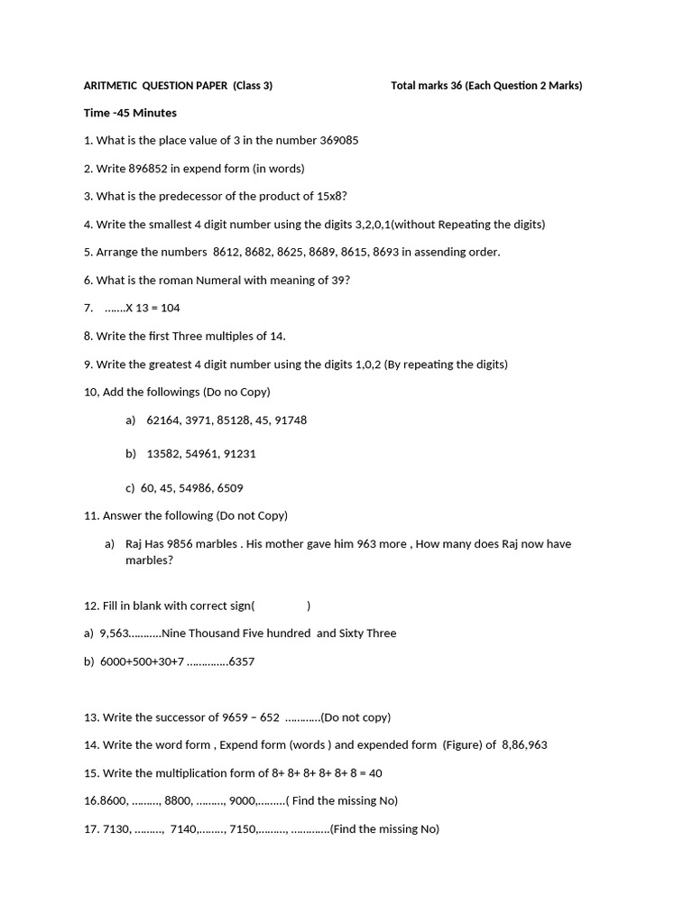 Aritmetic Question Paper | PDF | Teaching Methods & Materials | Computers