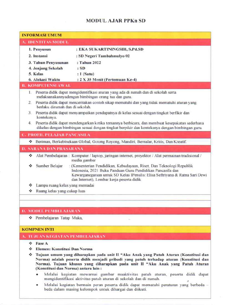 RPP Bu Rista Kelas 1 A | PDF