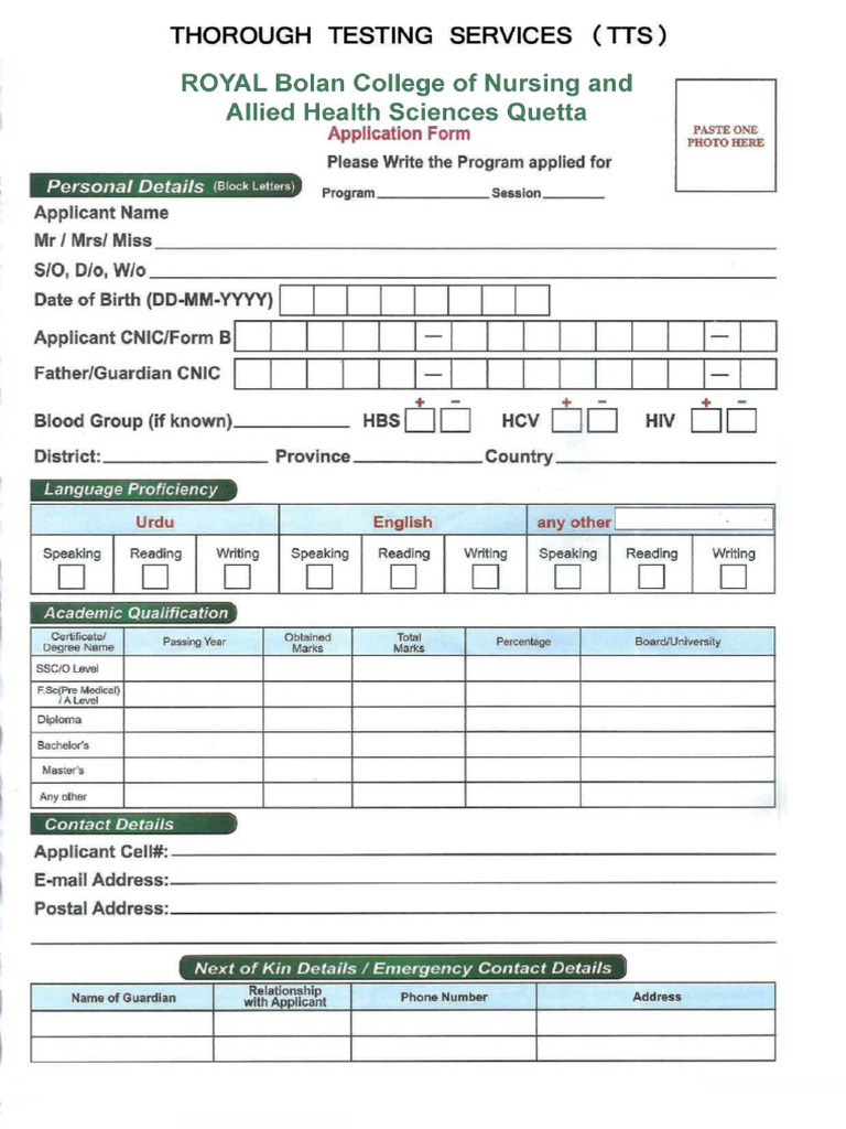 Application form of Royal Bolan College of Nursing | PDF