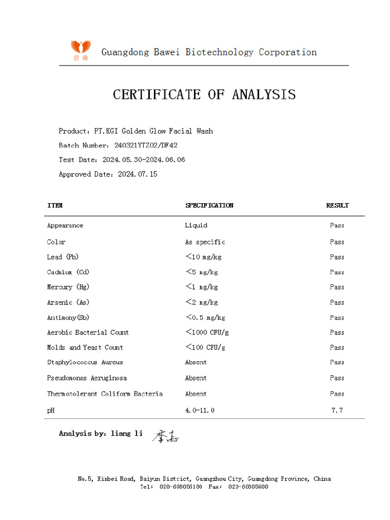 COA-YZ2405300001 PT - KGI Golden Glow Facial Wash | PDF