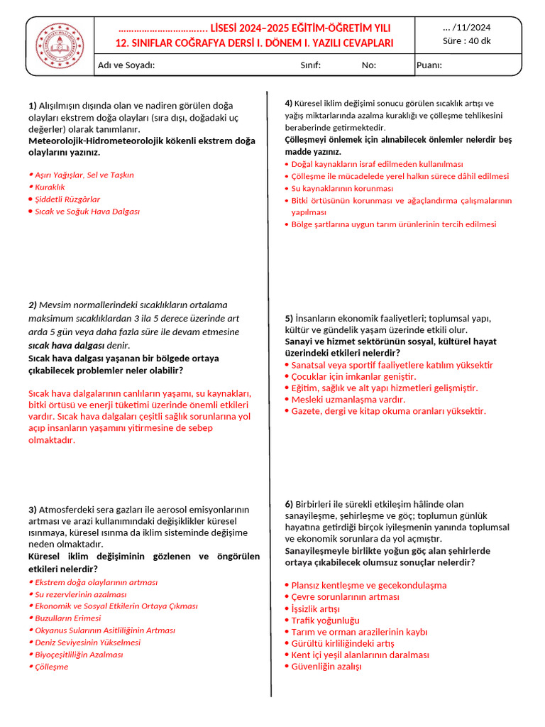 12-sinif-1-donem-1-yazili-cevap-anahtari-2024-2025 | PDF
