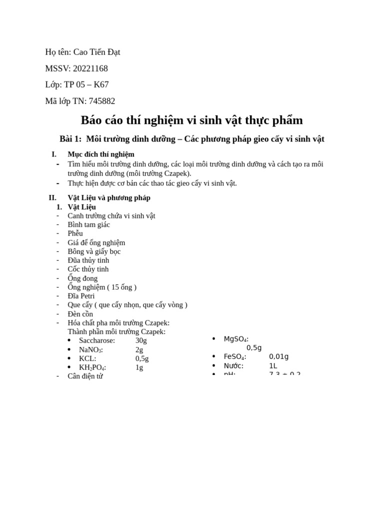 Báo Cáo TN VSV - Bài 1 | PDF