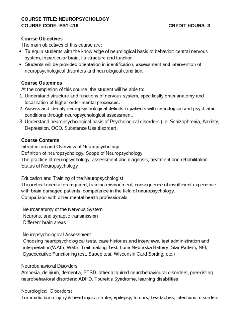 Neuropsychology Course Overview and Goals | PDF | Mental Disorder ...