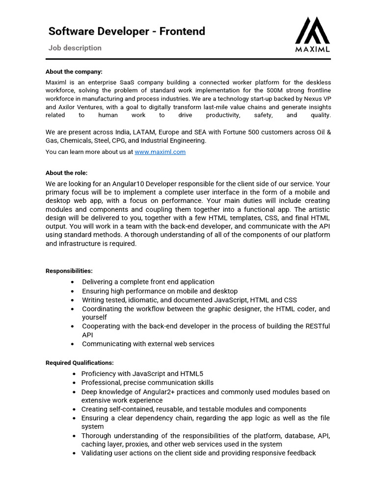 Maximl - Software Developer - Frontend (Internship) | PDF | Application Software | Software