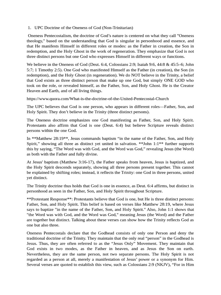 UPC Doctrine of The Oneness of Go1 | PDF | Oneness Pentecostalism | Baptism