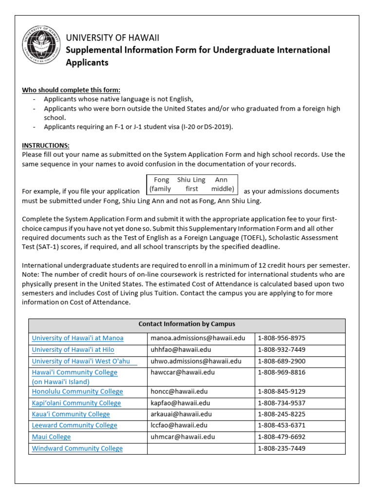 UH Supplementary Information Form For Undergraduate International ...