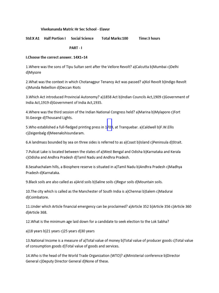 10th Social Science Half Portion Paper | PDF | Tamil Nadu | South India