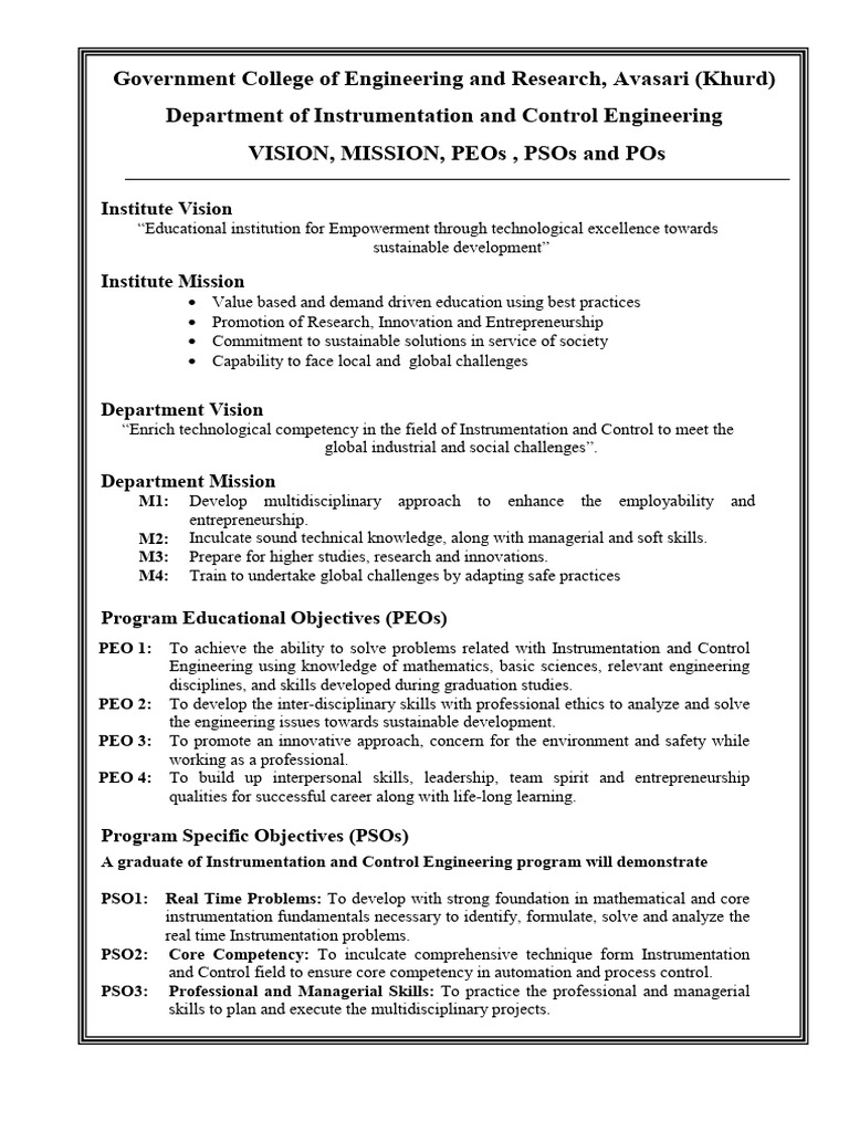 Vision Mission PO Peo Pso Final | PDF | Engineering | Analysis