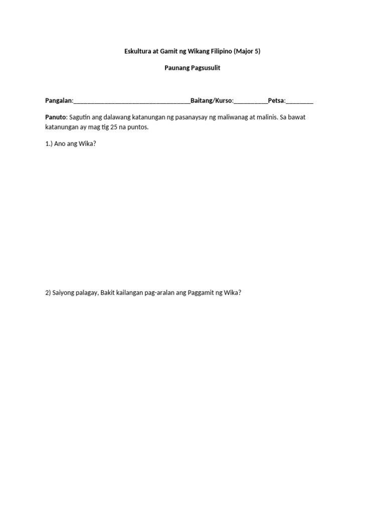 Paunang Pagsusulit (Major 5) | PDF