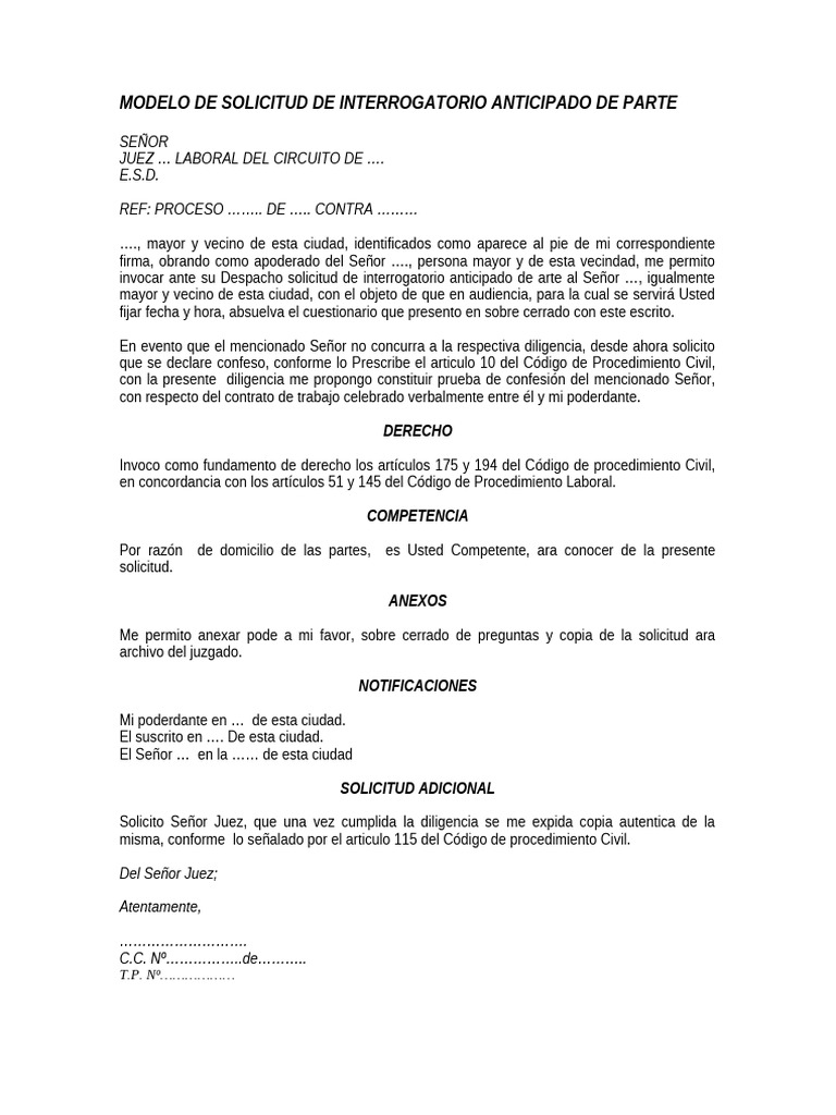 Modelo de Solicitud de Interrogatorio Anticipado de Parte | PDF