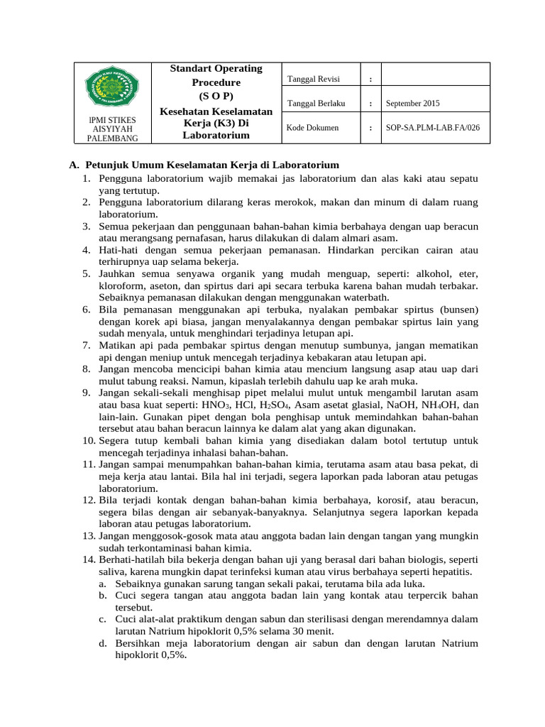 SOP K3 Laboratorium STIKES Aisyiyah | PDF | Sains & Matematika