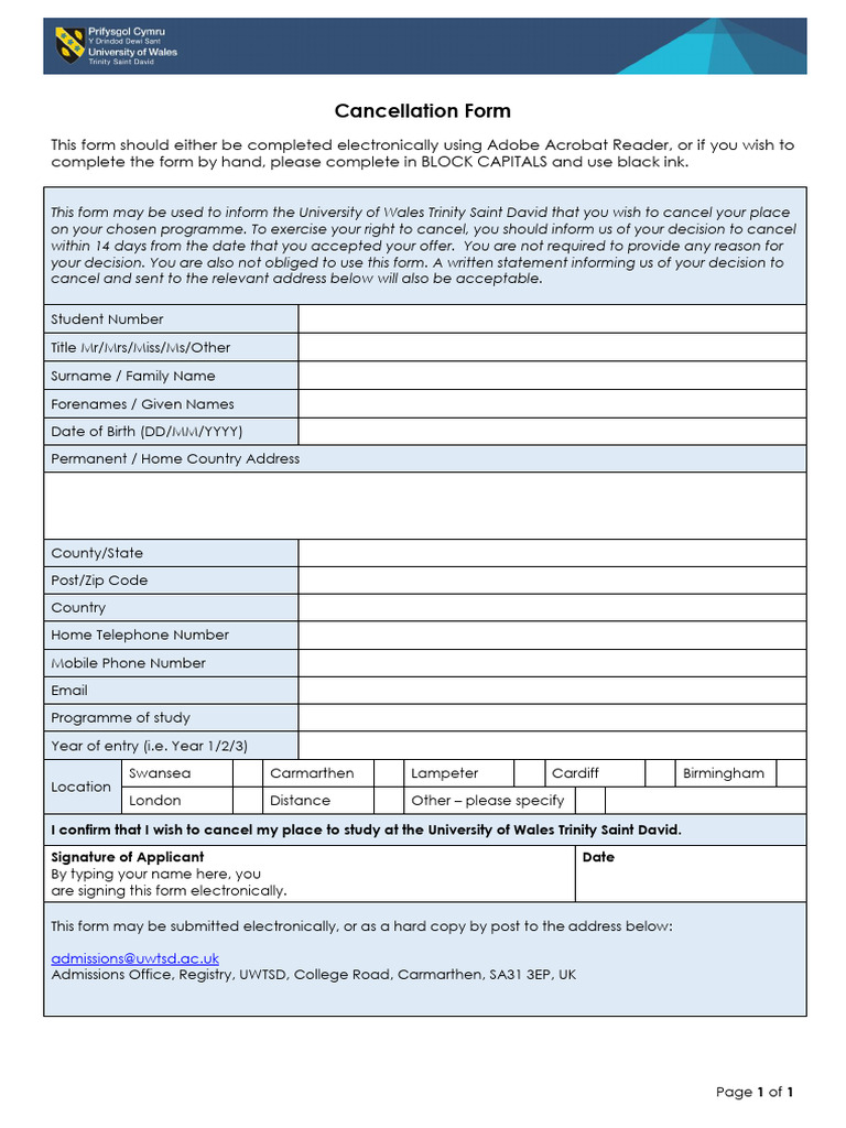 Cancellation Form 2021 Entry - Editable | PDF | Career & Growth