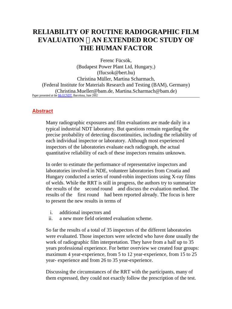 RELIABILITY OF ROUTINE RADIOGRAPHIC FILM EVALUATION AN EXTENDED ROC ...
