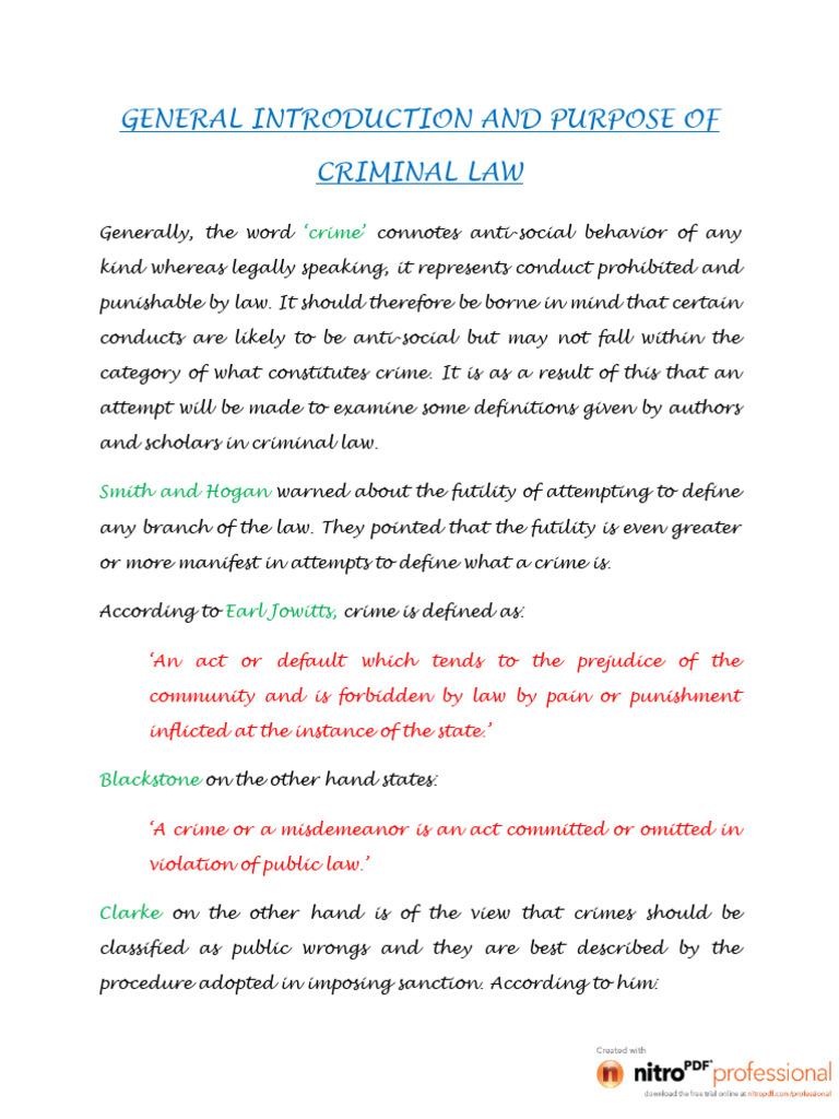 General Introduction and Purpose of Criminal Law | PDF | Felony | Crimes