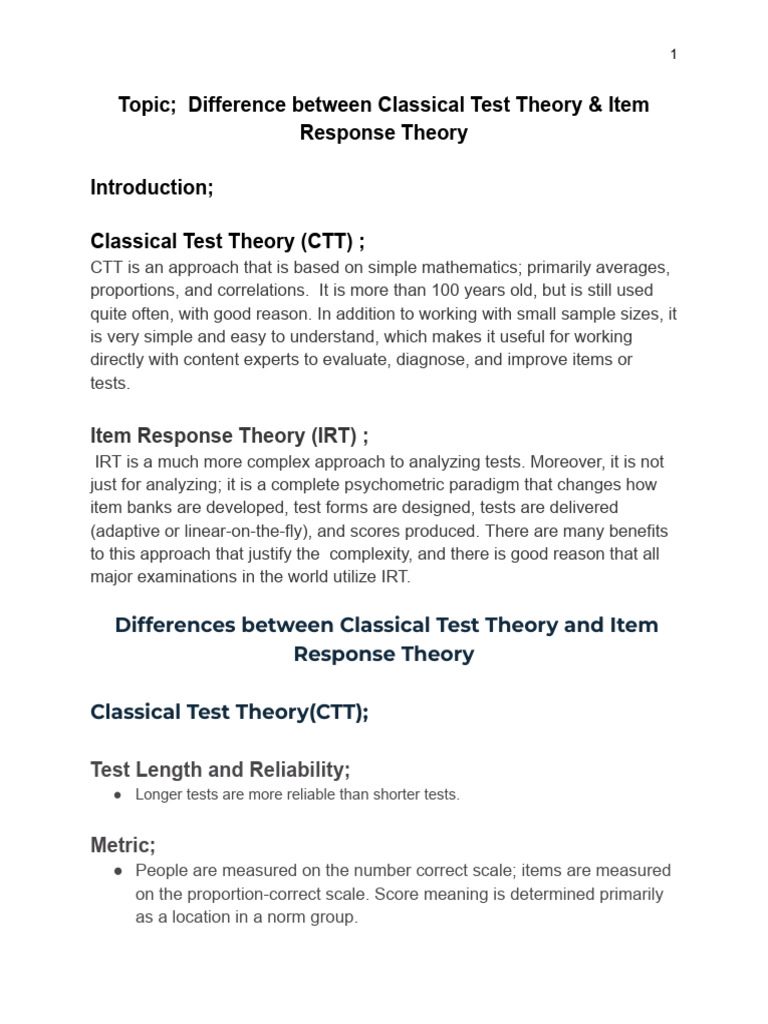 Topic Difference Between Classical Test Theory & Item Response Theory ...