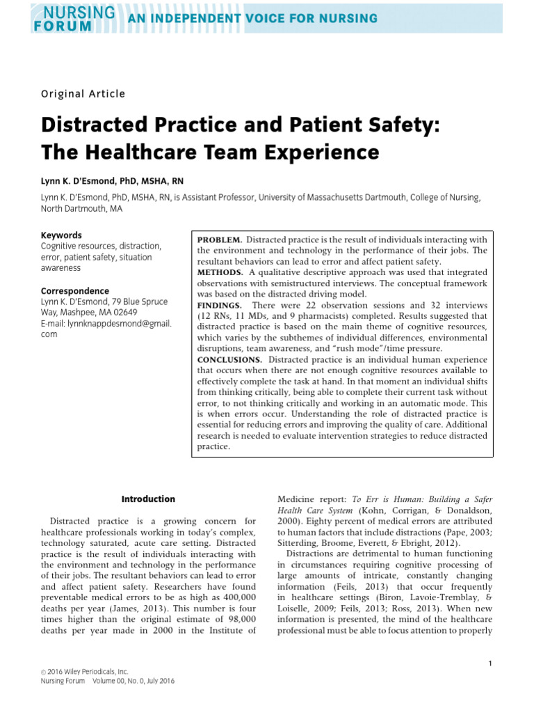 Distracted Practice and Patient Safety | PDF | Patient Safety | Health Care