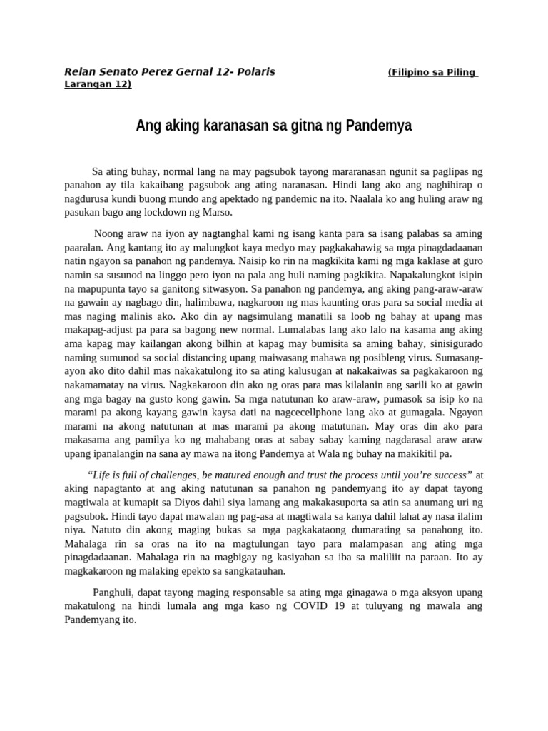 Relan Senato Perez Gernal 12 - Reflektibong Sanaysay | PDF