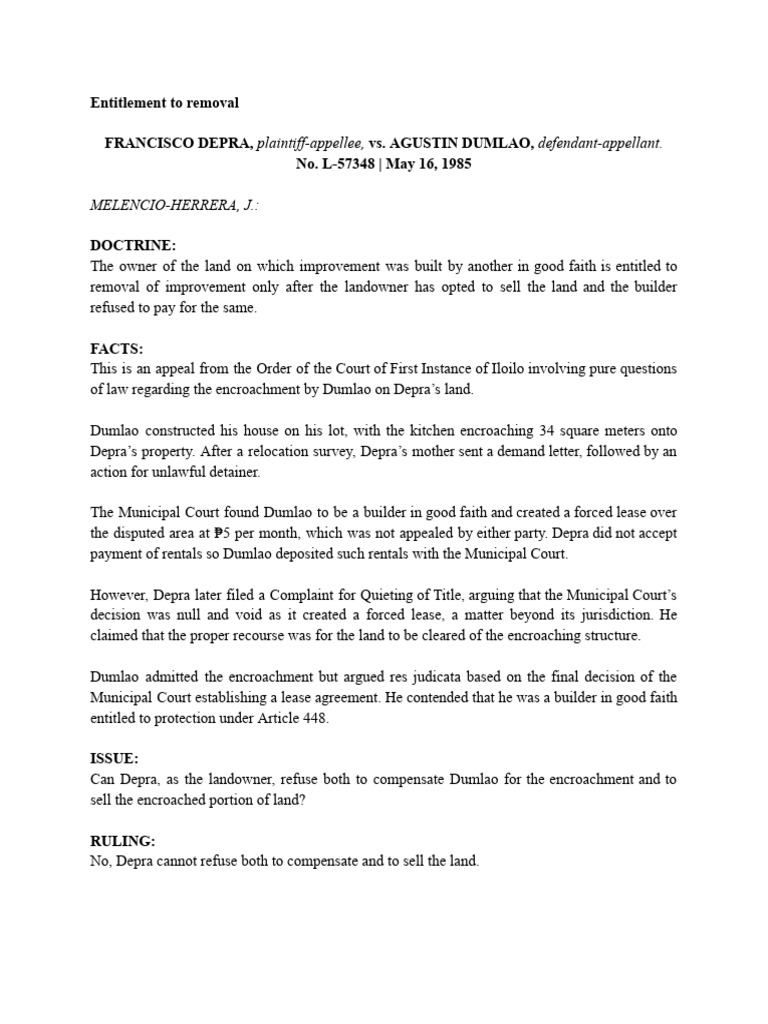 Depra v. Dumlao Case Digest | PDF | State Court (United States) | Lease