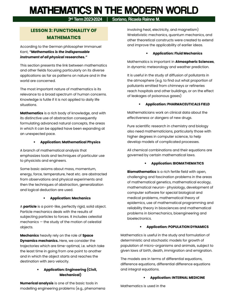 MMW - Functionality of Mathematics | PDF | Mathematics | Mechanics
