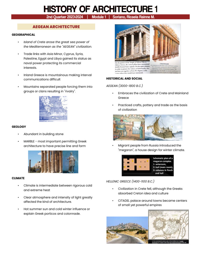 History of Architecture 1 - Quiz 3 (Aegean and Greek) | PDF | Mycenae | Archaeology