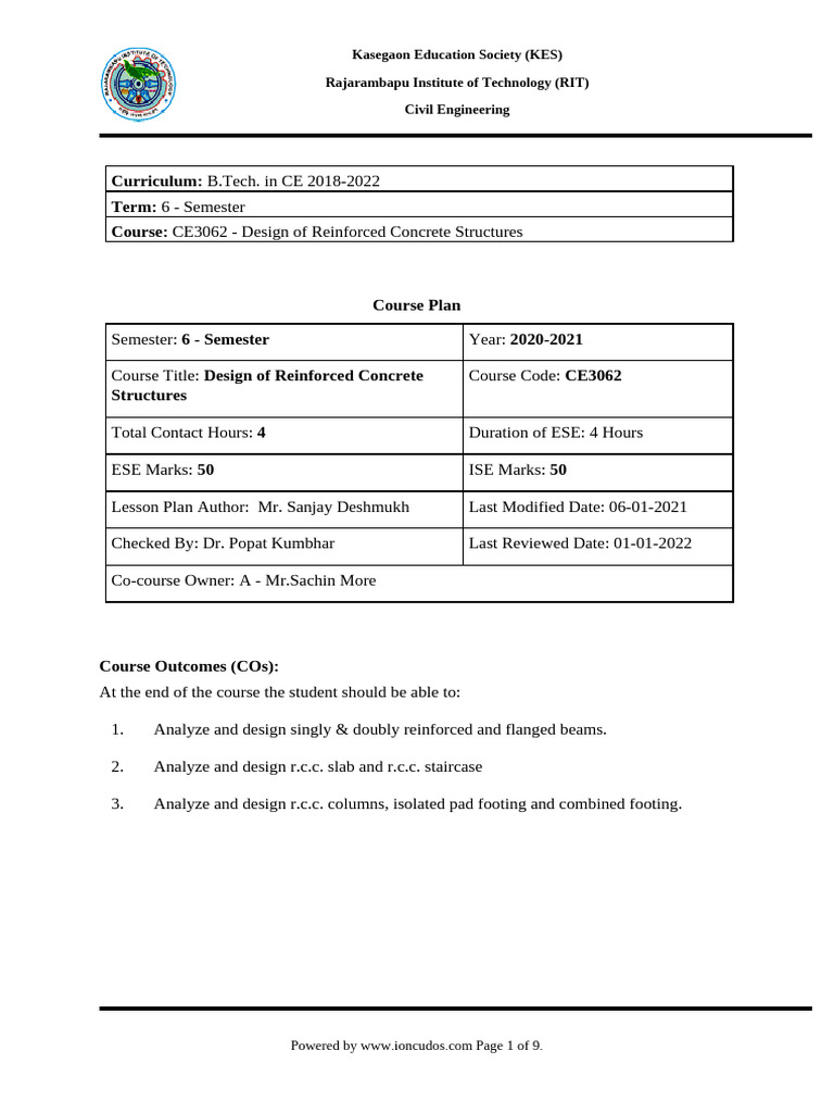 DRCE CE3062 Course Plan | PDF | Beam (Structure) | Strength Of Materials
