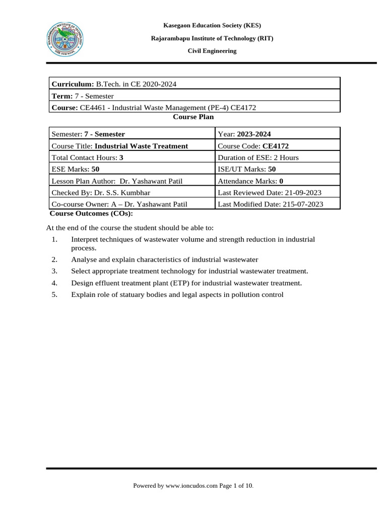 Industrial Waste Management Course | PDF | Effluent | Waste Management