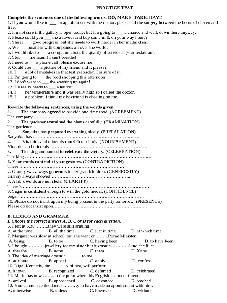 English Practice Test: Vocabulary & Grammar | PDF | Perfume | Search ...
