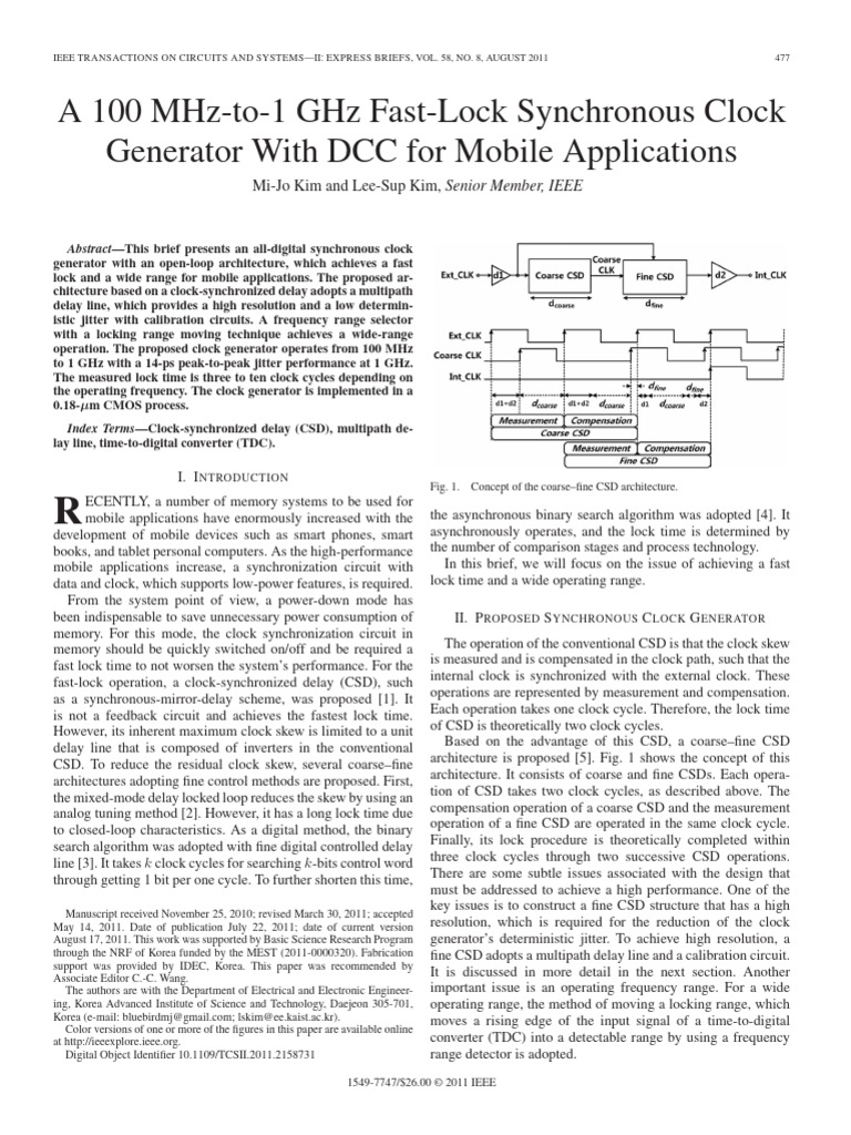 A 100 MHz-to-1 GHZ Fast-Lock Synchronous Clock Generator With DCC For Mobile Applications | PDF ...