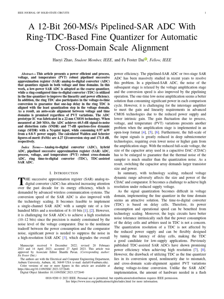 A 12-Bit 260-MS S Pipelined-SAR ADC With Ring-TDC-Based Fine Quantizer For Automatic Cross ...