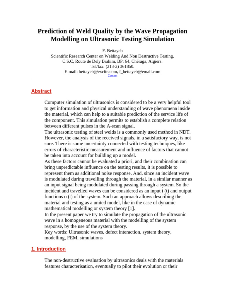 Prediction Of Weld Quality By The Wave Propagation Modelling On