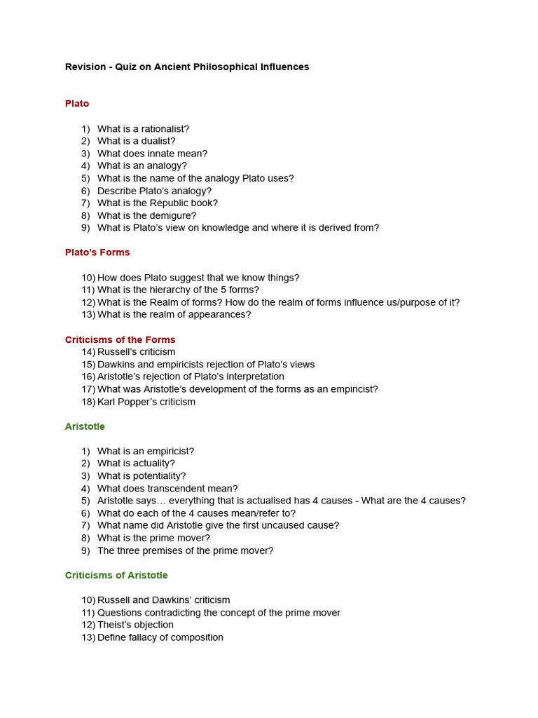 Quiz - Ancient Philosophical Influences & Mind Body and Soul | PDF ...