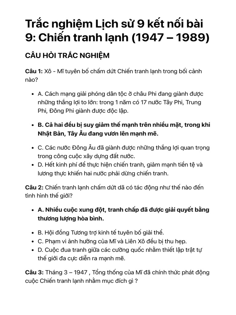Trắc Nghiệm Lịch Sử 9 Kết Nối Bài 9 - Chiến Tranh Lạnh (1947 - 1989 ...