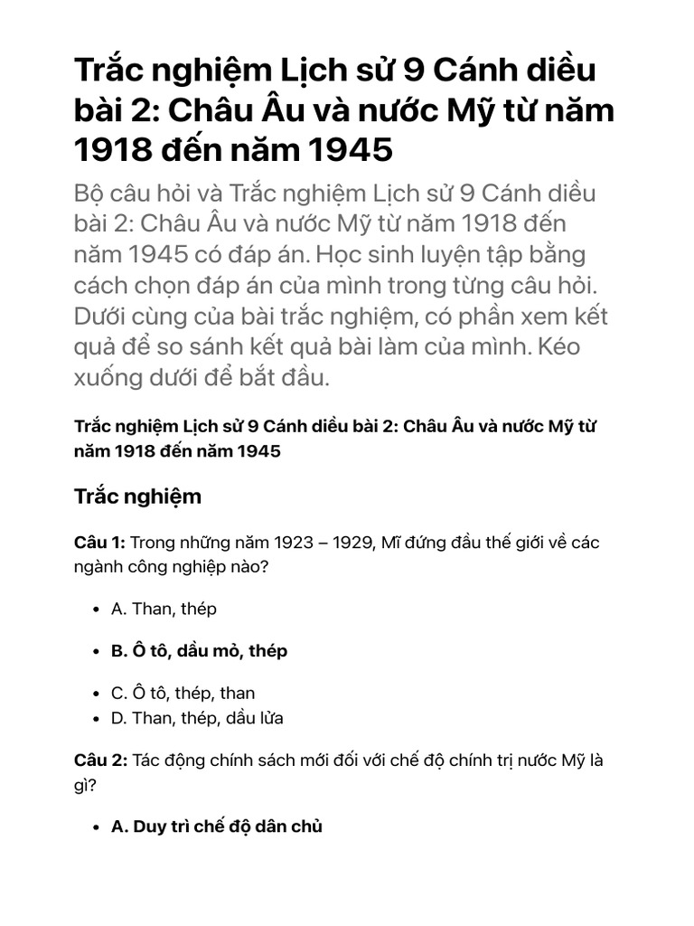 Trắc Nghiệm Lịch Sử 9 Cánh Diều Bài 2 - Châu Âu Và Nước Mỹ Từ Năm 1918 ...