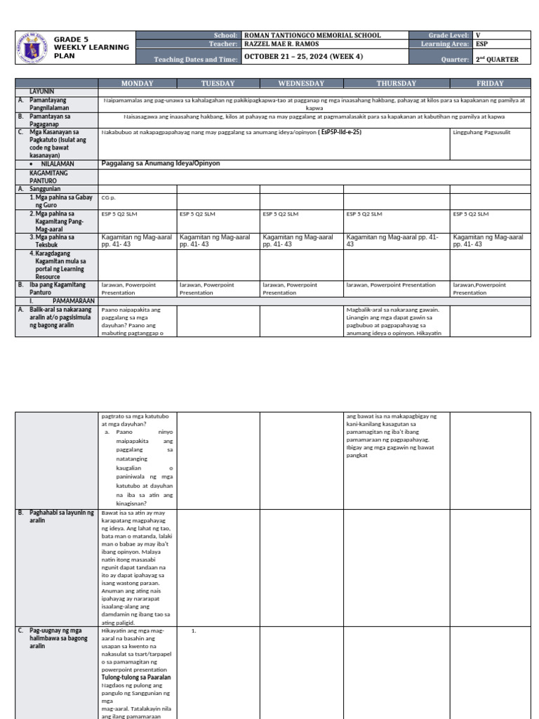 WLP (Grade 5-Sapphire) - Q2 - Week 4 - (October 21 - 25, 2024) | PDF
