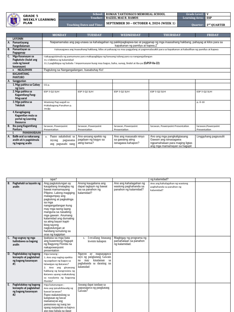 WLP (Grade 5-Sapphire) - Q2 - Week 1 - (September 30 - October 4, 2024) | PDF